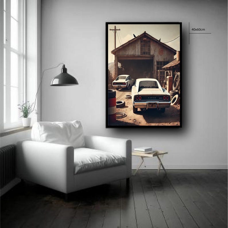 Vintage Muscle Car Garage Digital Print | Classic Car Art | Rustic Barn ...