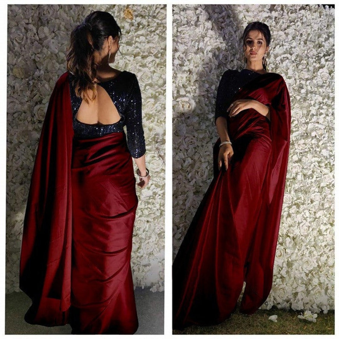 Wine Maroon Satin Silk Saree With Unstitched Running Blouse - Etsy