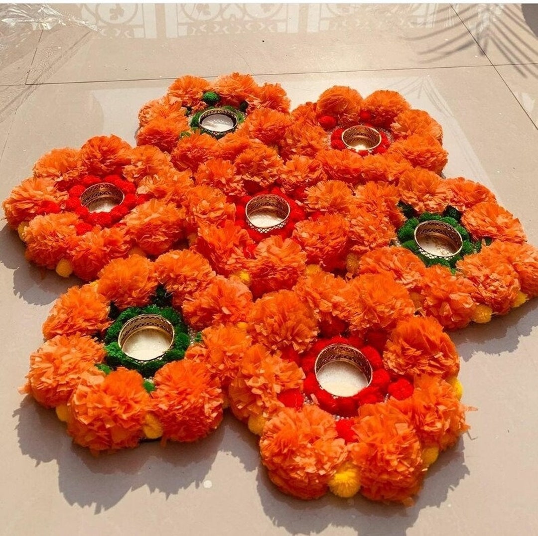 Genda Phool Indian Rangoli Mat Navratri LED Candle Holder Designer ...