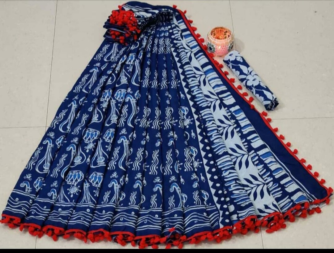 Indian Designer Soft Mulmul Pom Pom Cotton Saree for Women, Traditional ...