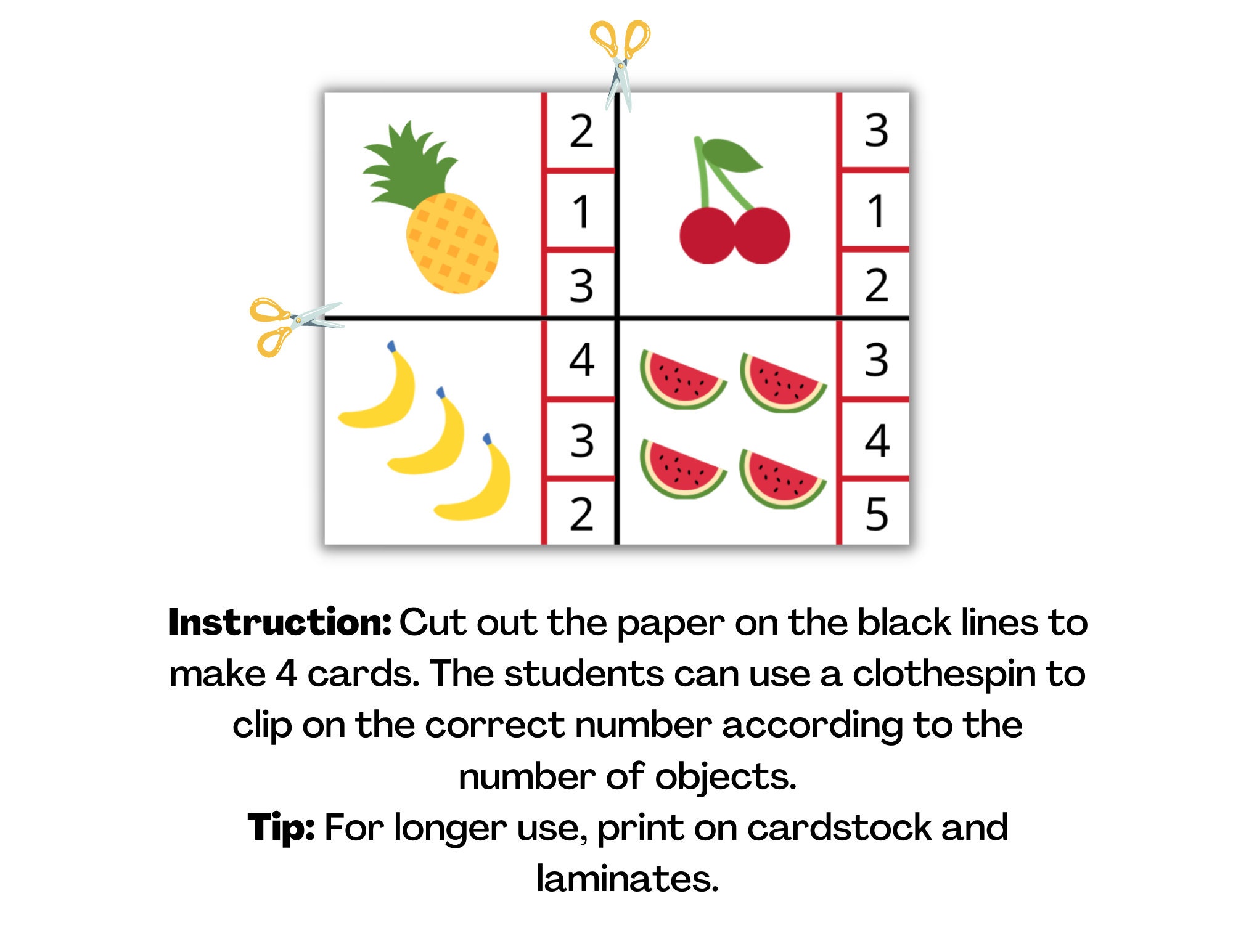 Fruits Counting Number Worksheets | Clothespin Cards | Preschool-kdg ...