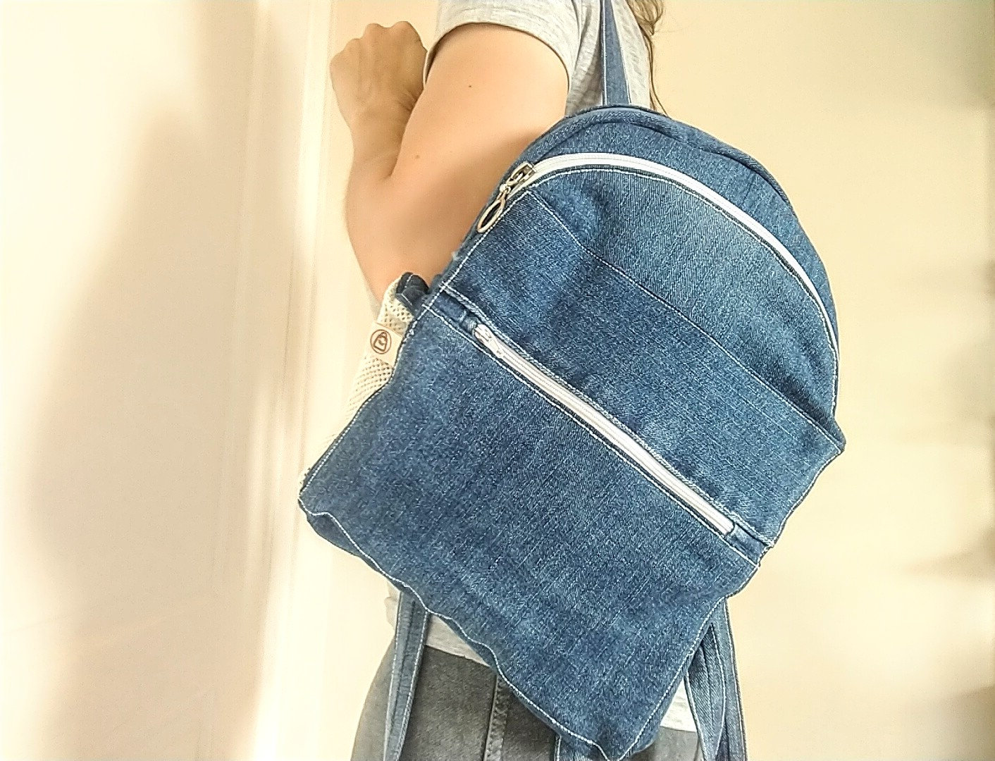 Light Blue Denim Backpack Bright Lining Rucksack Upcycled Jeans Bag ...