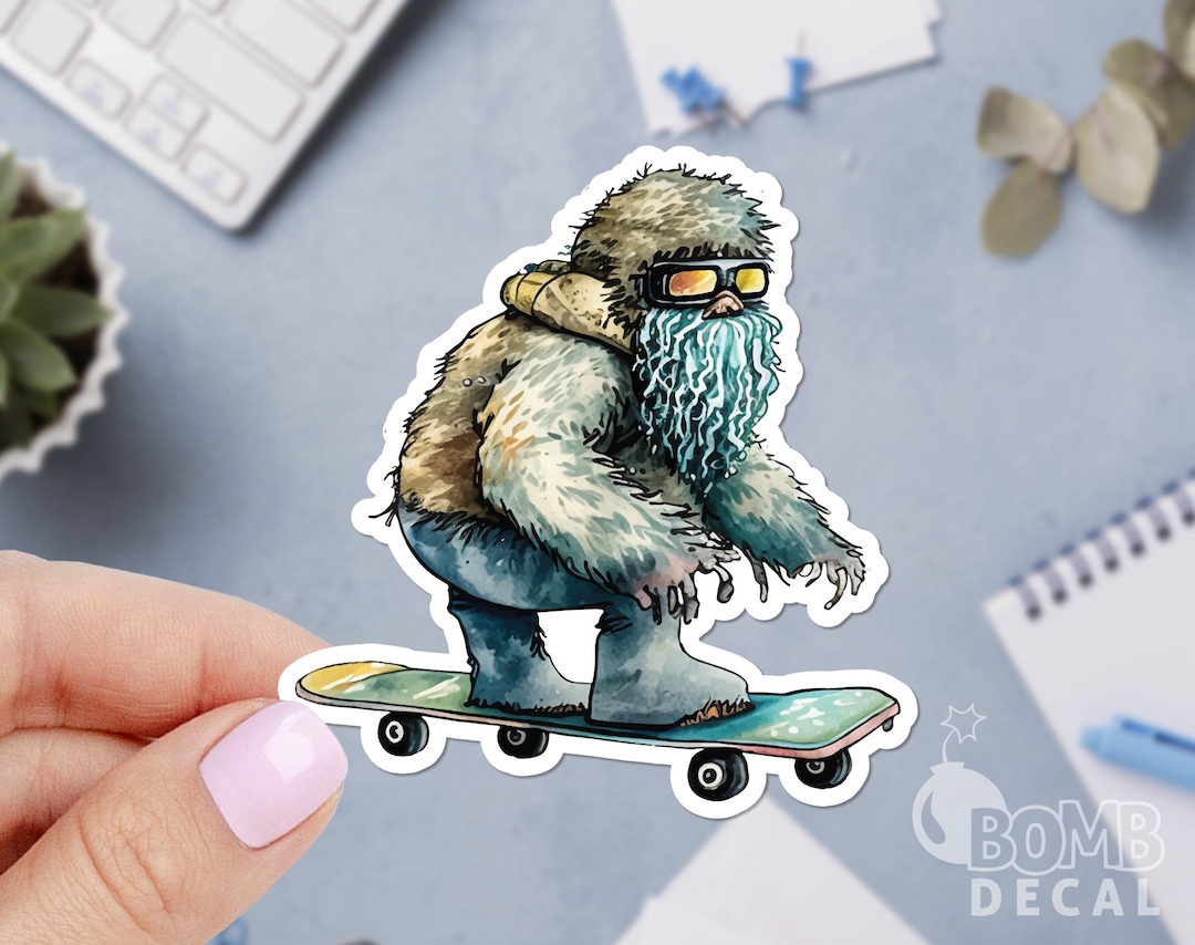 Skateboarding Yeti Sticker, Skate Sticker, Watercolor Yeti Sticker ...