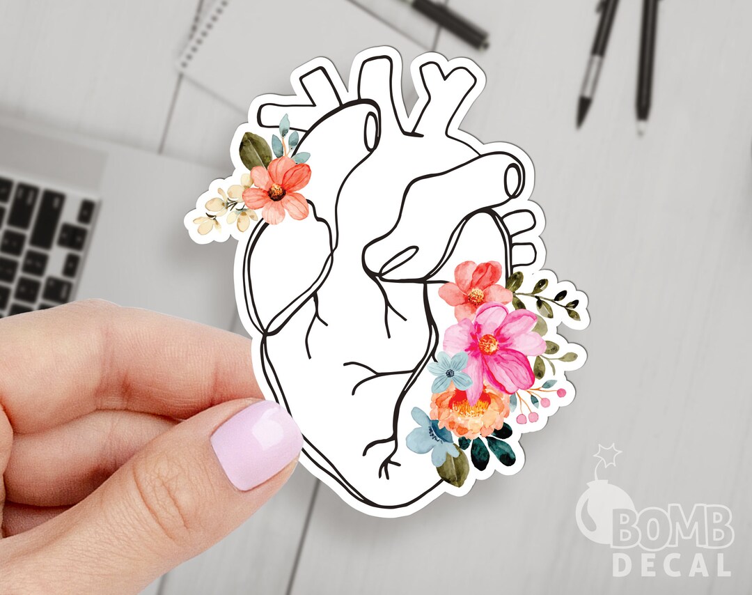 Anatomy Floral Heart Sticker, Line Art Heart Sticker, Anatomical ...