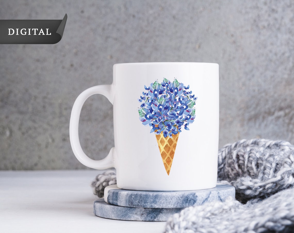 Printable Watercolor Bluebonnet Ice Cream, Texas Flower Digital ...