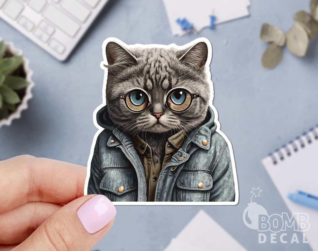 Cute Kitty Sticker, Cat With Glasses Sticker, Cat With Jeans Jacket ...