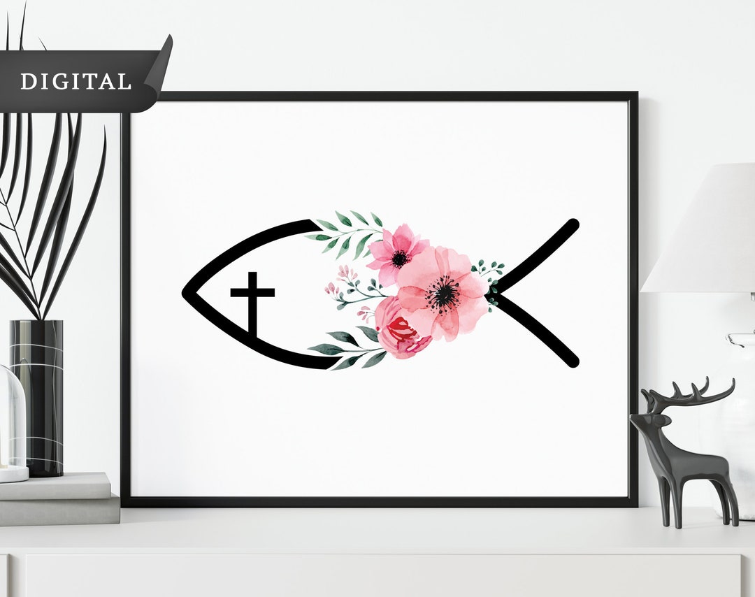 Floral Christian Fish Digital Illustration, Printable Flower Cristian ...