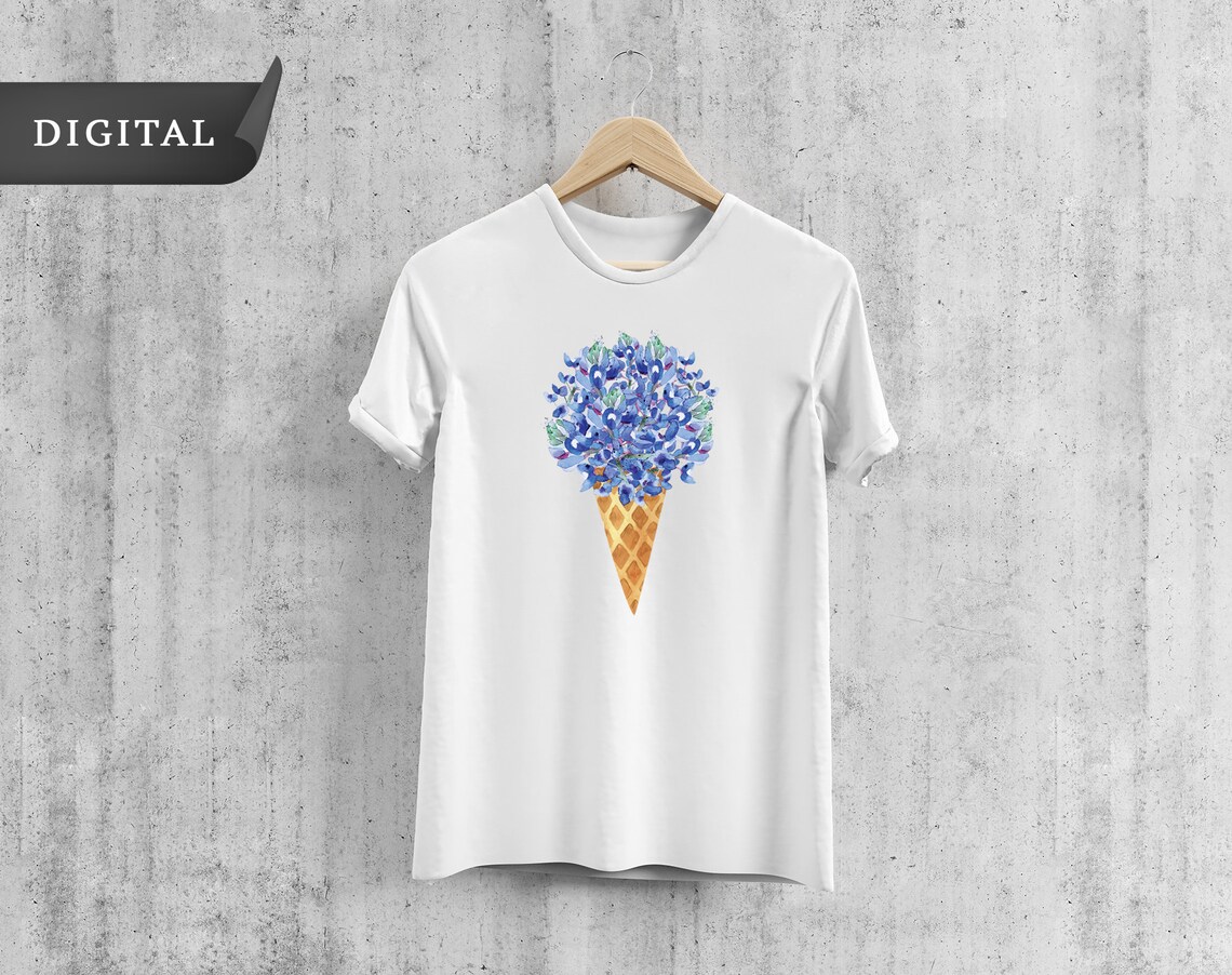 Printable Watercolor Bluebonnet Ice Cream, Texas Flower Digital ...
