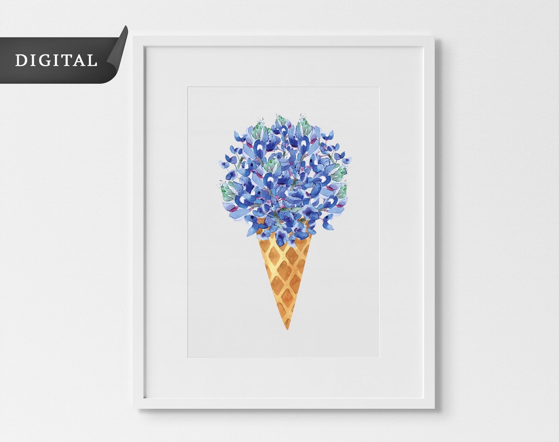 Printable Watercolor Bluebonnet Ice Cream, Texas Flower Digital ...