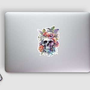 Skull Flowers Sticker, Skull Watercolor Sticker, Floral Sticker, Scary ...