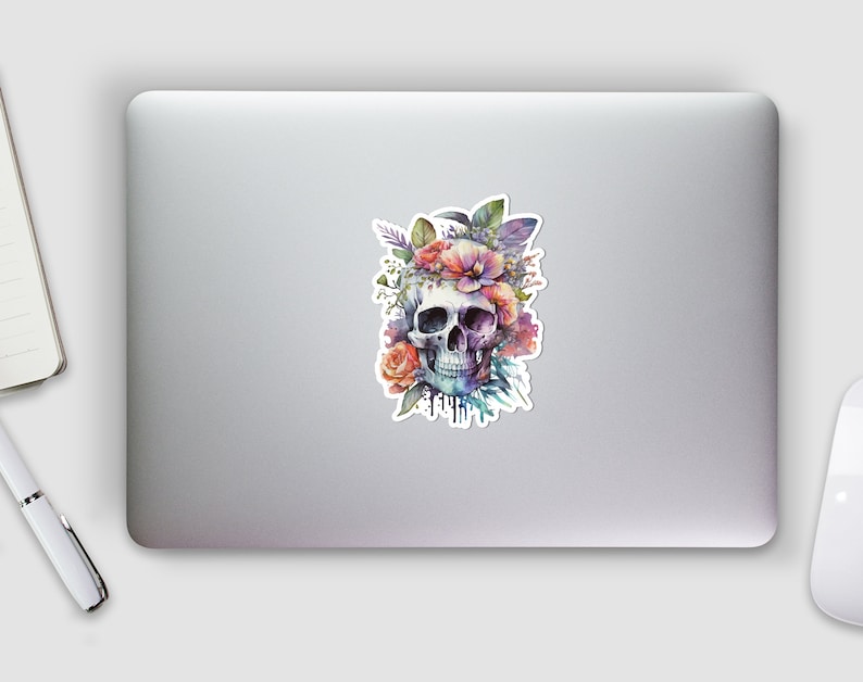 Skull Flowers Sticker, Skull Watercolor Sticker, Floral Sticker, Scary ...