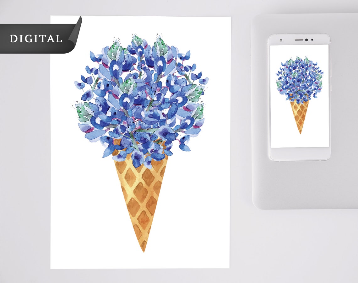 Printable Watercolor Bluebonnet Ice Cream, Texas Flower Digital ...
