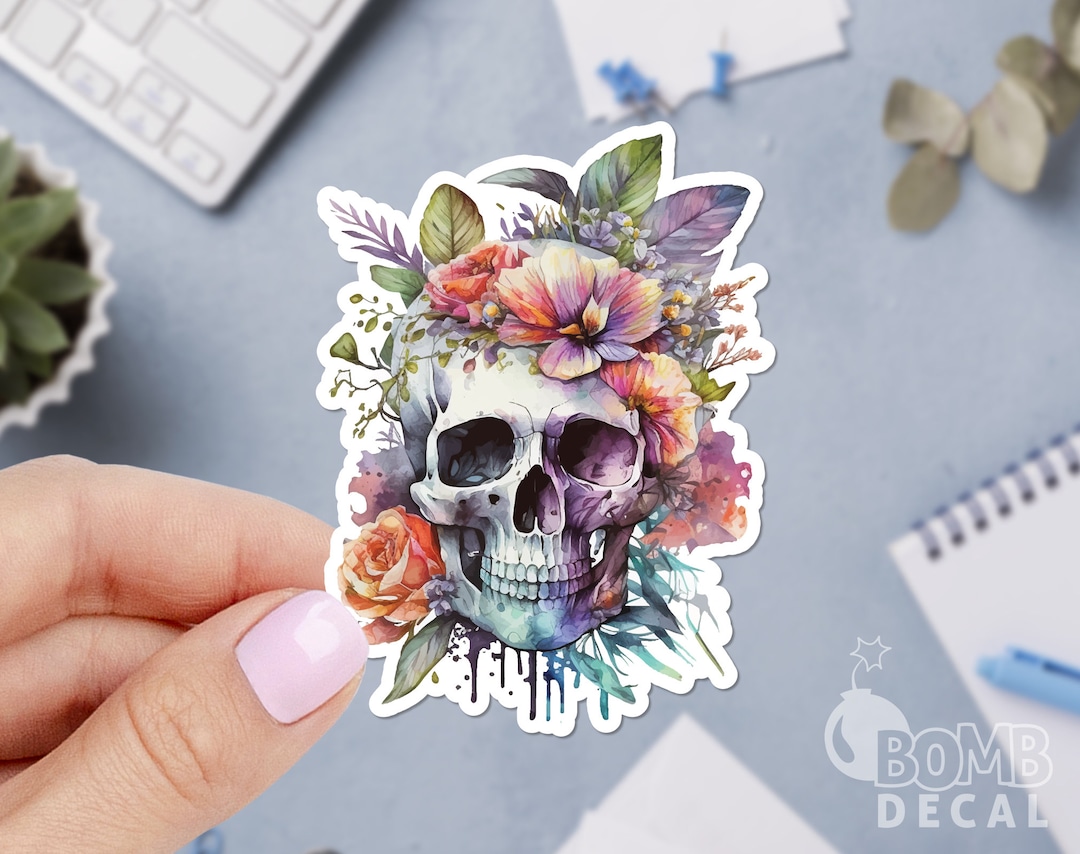 Skull Flowers Sticker, Skull Watercolor Sticker, Floral Sticker, Scary ...