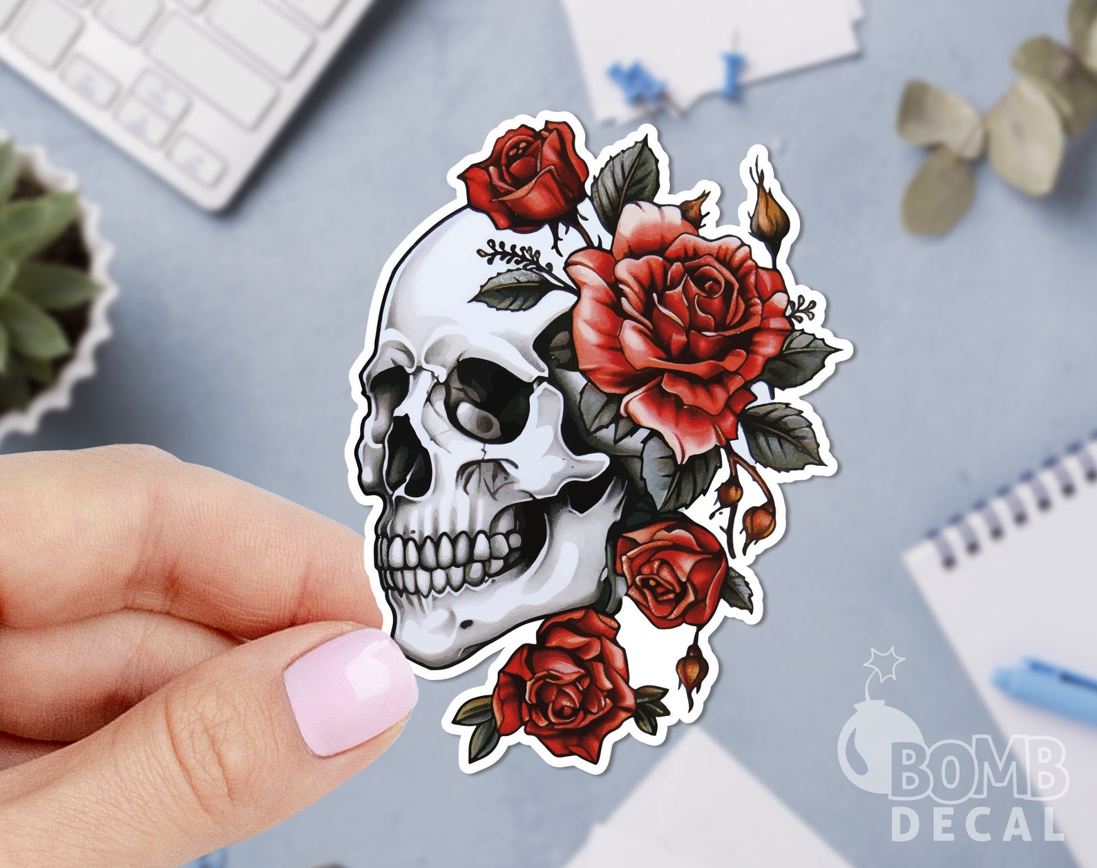 Skull Roses Sticker, Skull Flowers Sticker, Floral Sticker, Scary Cute ...