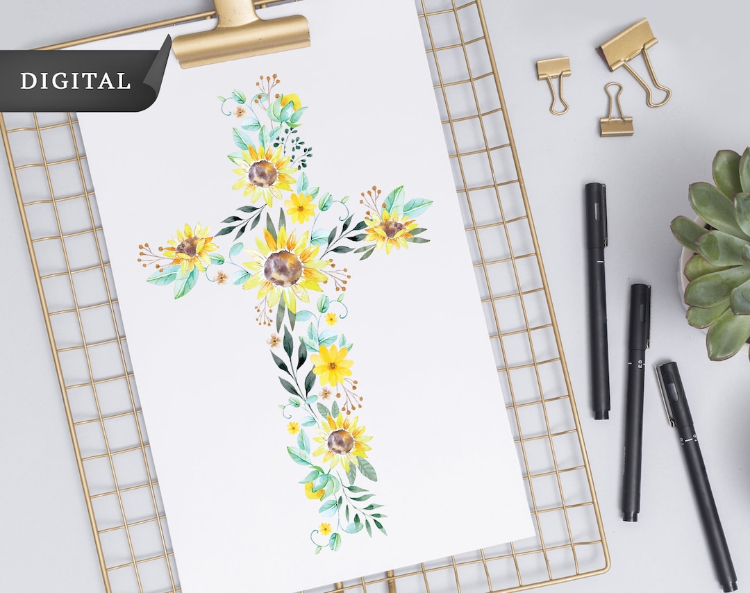 Sunflower Cross Digital Illustration, Printable Flower Cross, Faith ...
