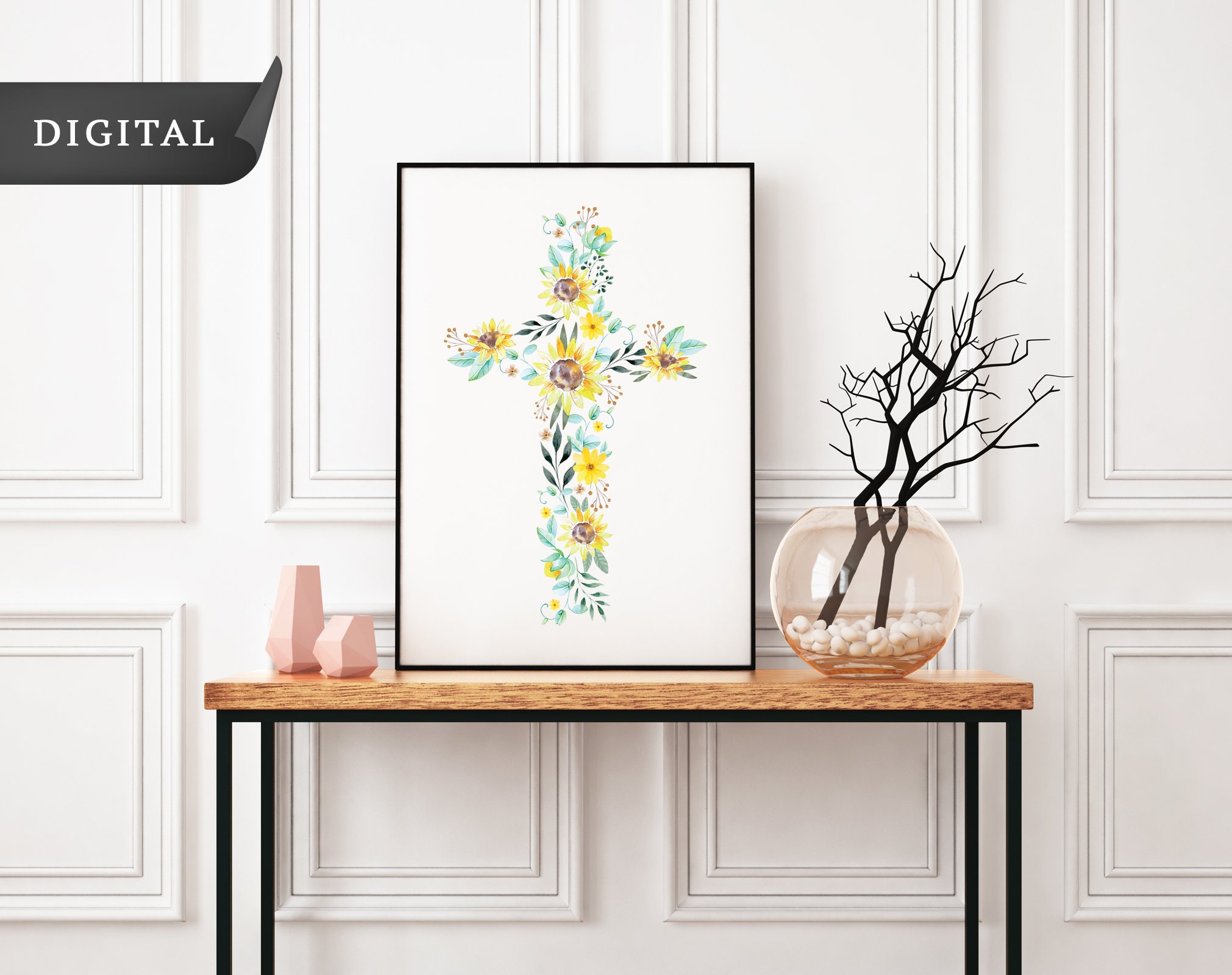 Sunflower Cross Digital Illustration, Printable Flower Cross, Faith ...