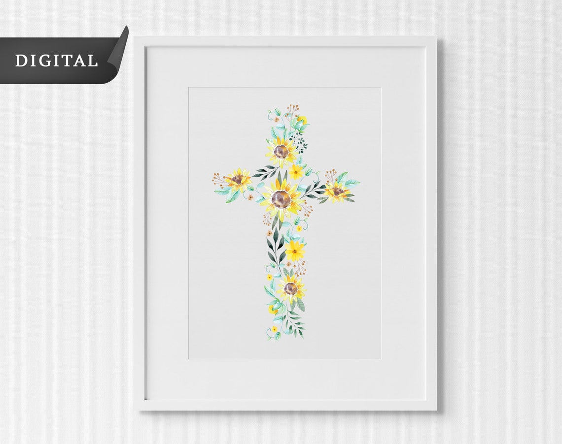Sunflower Cross Digital Illustration, Printable Flower Cross, Faith ...