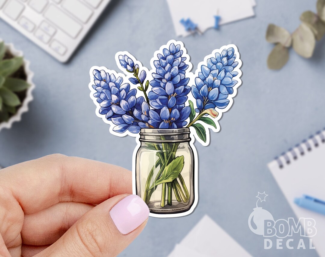 Bluebonnet Jar Sticker, Bluebonnet Decal, Watercolour Sticker, Flower ...