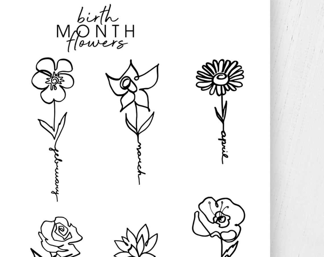 Birth Month Flowers Digital Illustrations, Month Flower SVG, Line Art ...