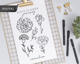 January Birth Flower Drawing - Etsy