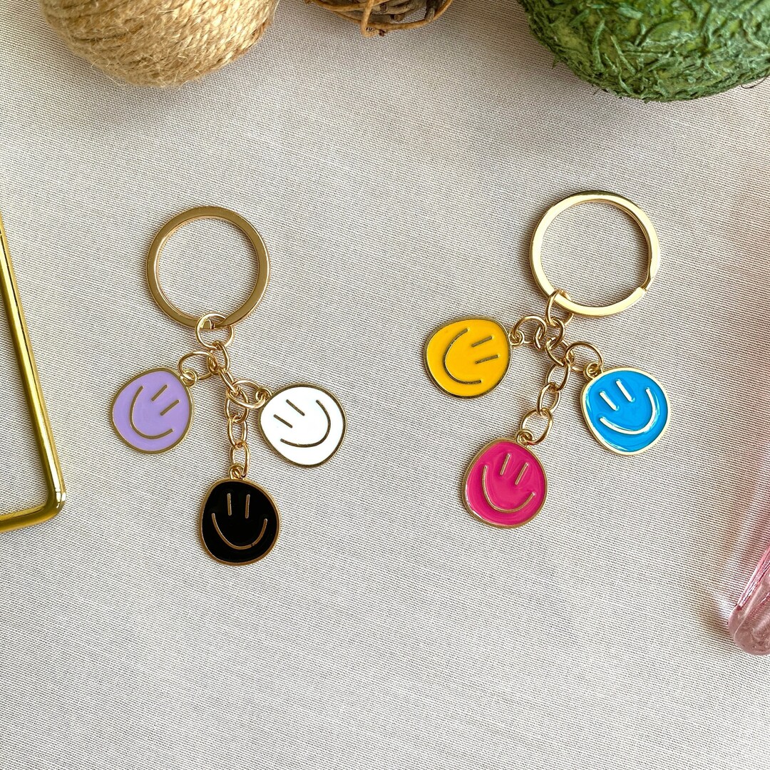 Smiley Keychain Cute Gold Charm, 3 Happy Faces Pendant, 70s Keyring ...