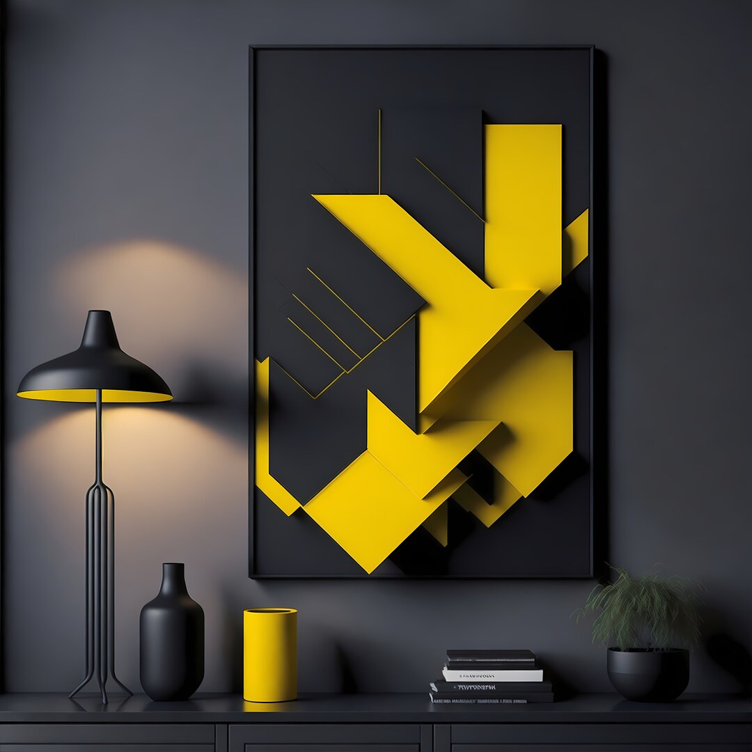 Yellow Black Wall Art Print Poster Framed Modern Minimalist Geometric ...
