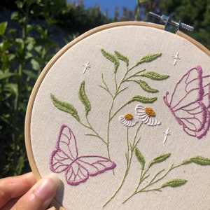 Butterflies & Flowers Dark Purple Hand Embroidery Pattern | Digital ...