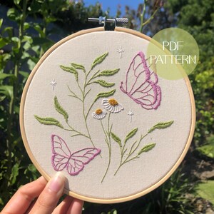 Butterflies & Flowers Dark Purple Hand Embroidery Pattern | Digital ...