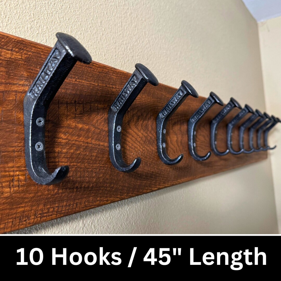 Rustic Reclaimed Wooden Wall Coat & Hat Rack - 10 Hooks / 45" Long ...