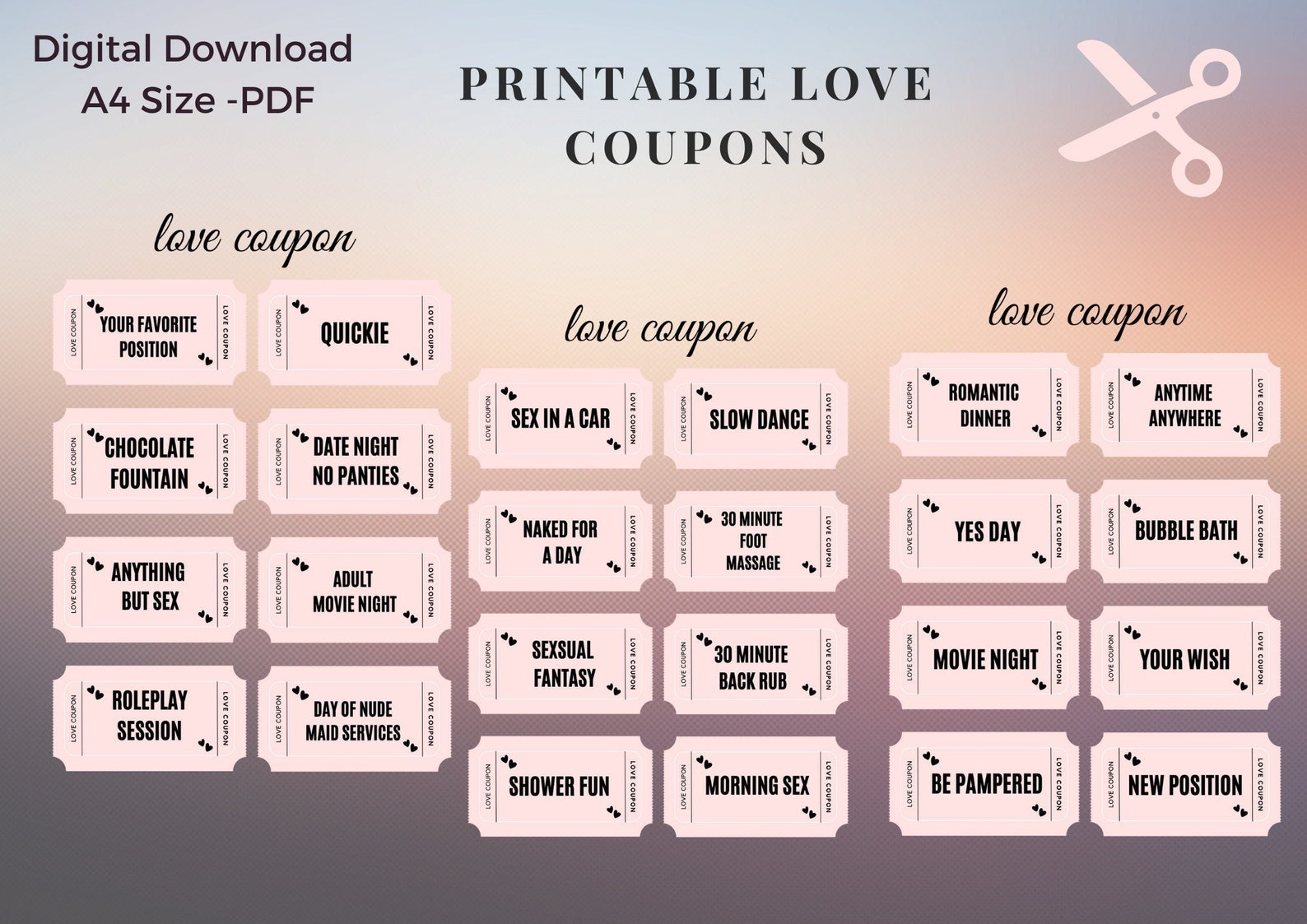Printable Love Coupons,naughty Coupons, Adult Gift, Naughty Anniversary ...