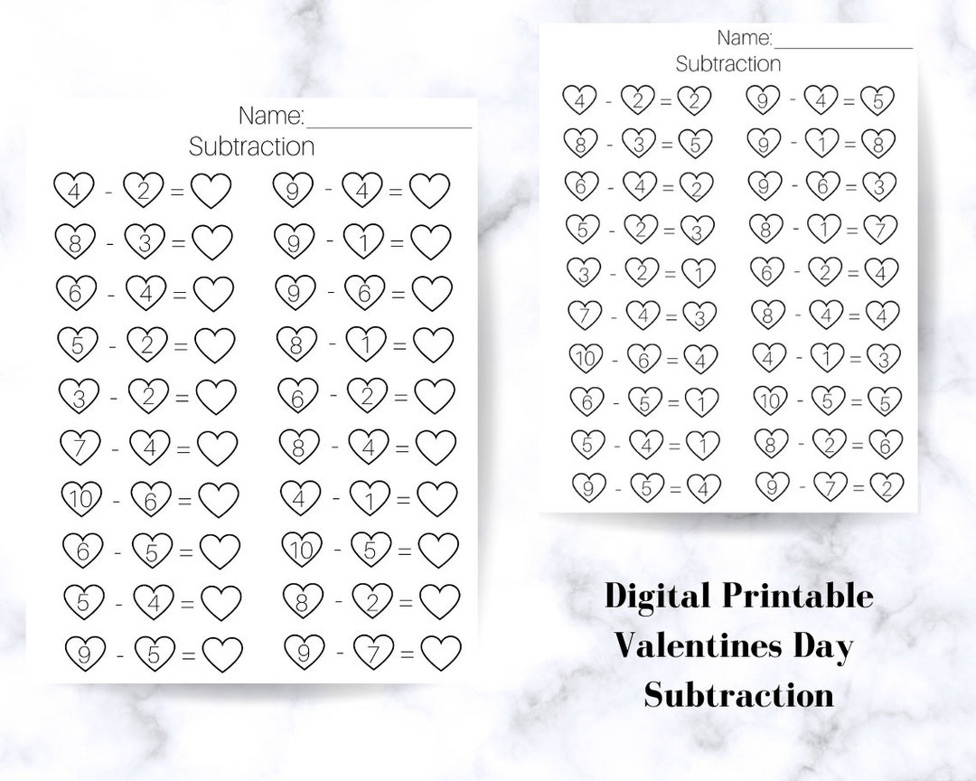 Valentines Day Subtraction Worksheet Printable Digital Download - Etsy