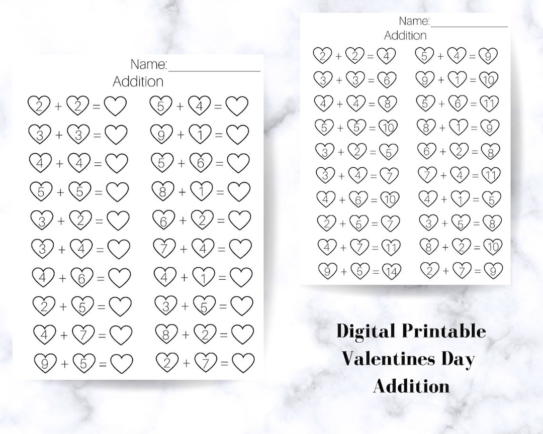 Valentines Day Addition Worksheet for Kids, With Answer Key, Printable ...