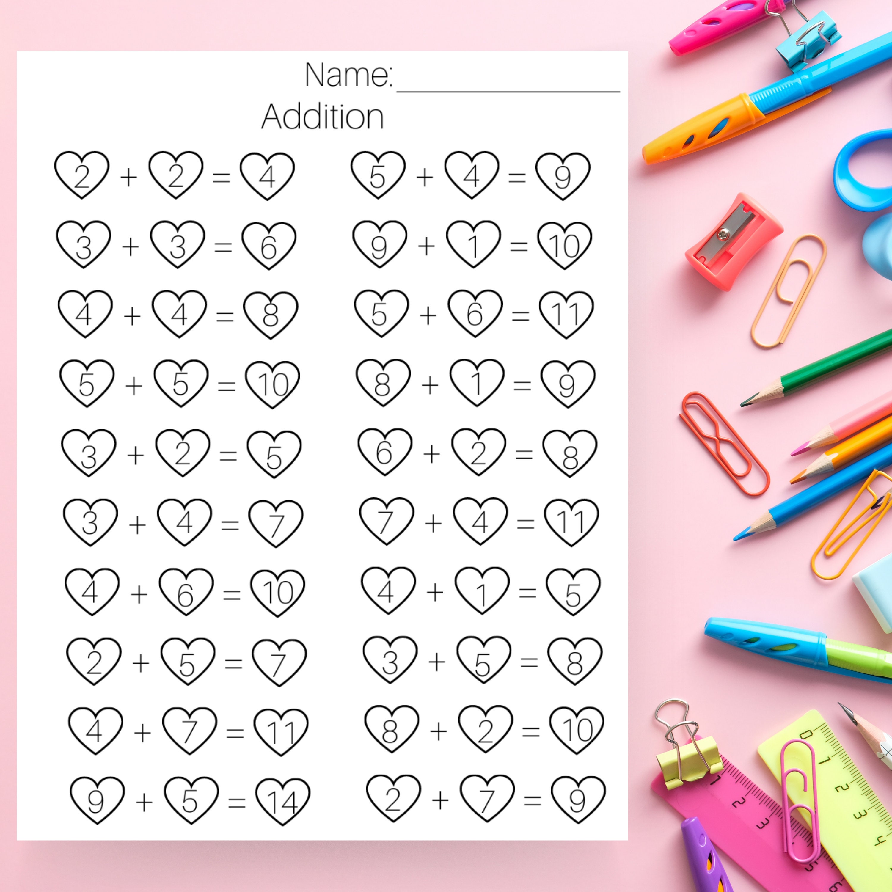 Valentines Day Addition Worksheet for Kids, With Answer Key, Printable ...