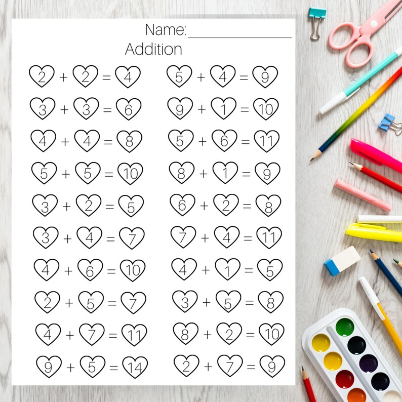 Valentines Day Addition Worksheet for Kids, With Answer Key, Printable ...