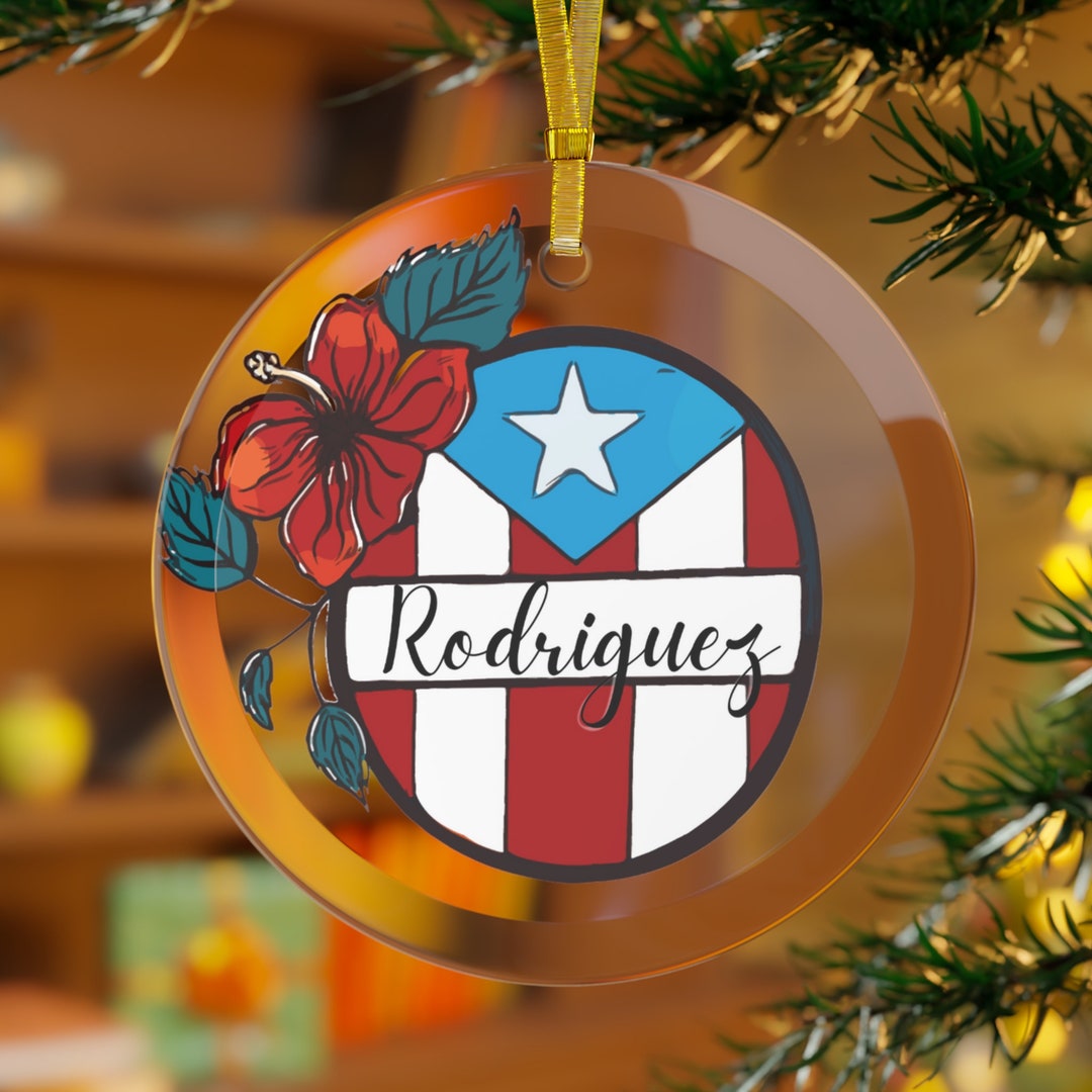 Rodriguez Last Name Puerto Rico Flag Glass Ornament | Christmas ...