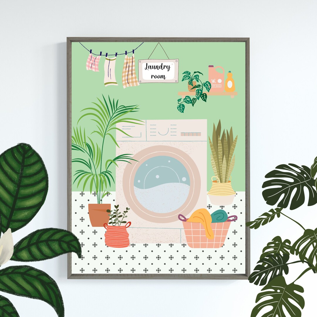 Botanical Laundry Print, Boho Laundry Wall Art, Tiled Floor Bathroom ...