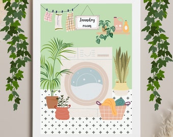 Botanical Laundry Print, Boho Laundry Wall Art, Tiled Floor Bathroom ...