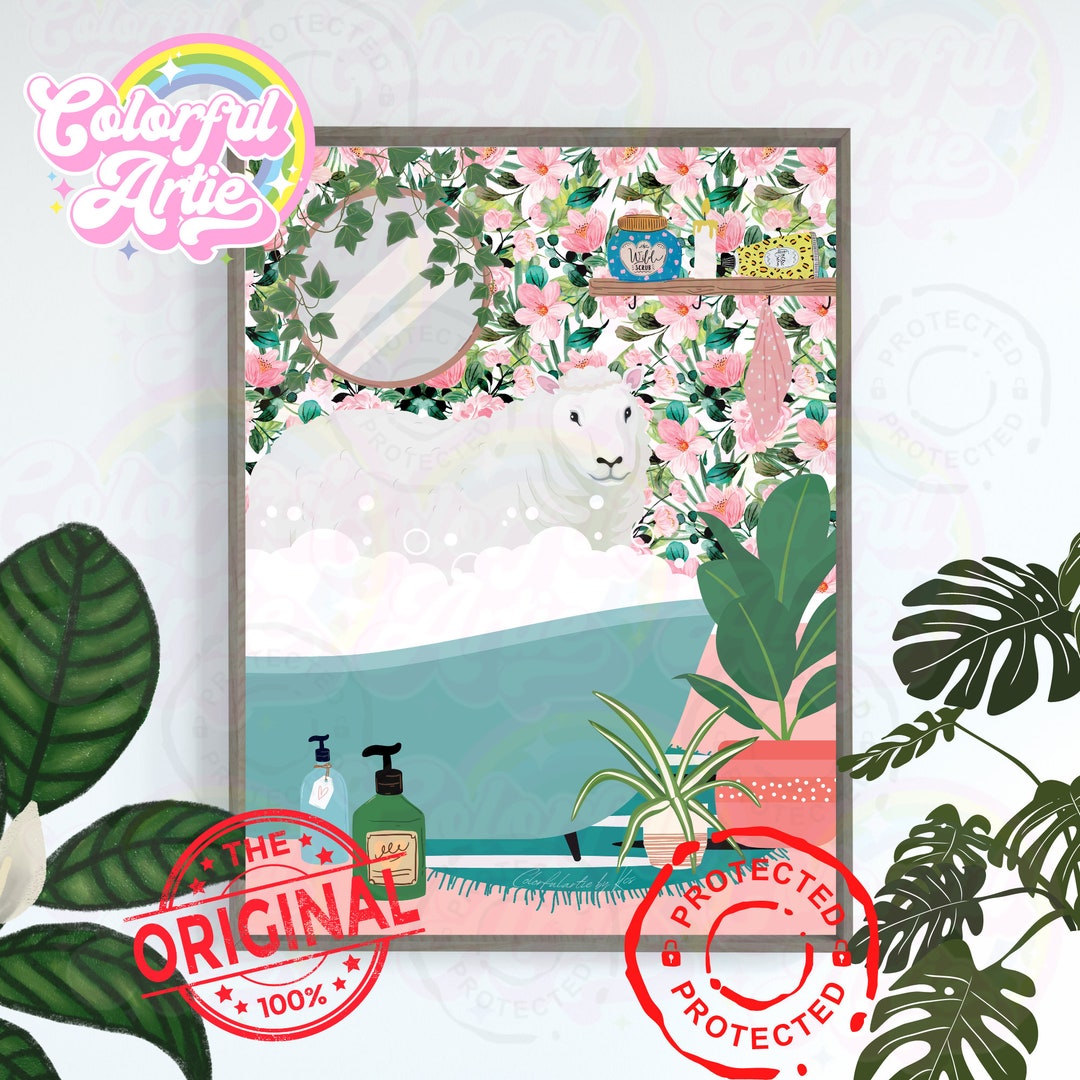 Sheep in Bath Botanical Animal Print, Maximalist Animal in Bathtub Wall ...