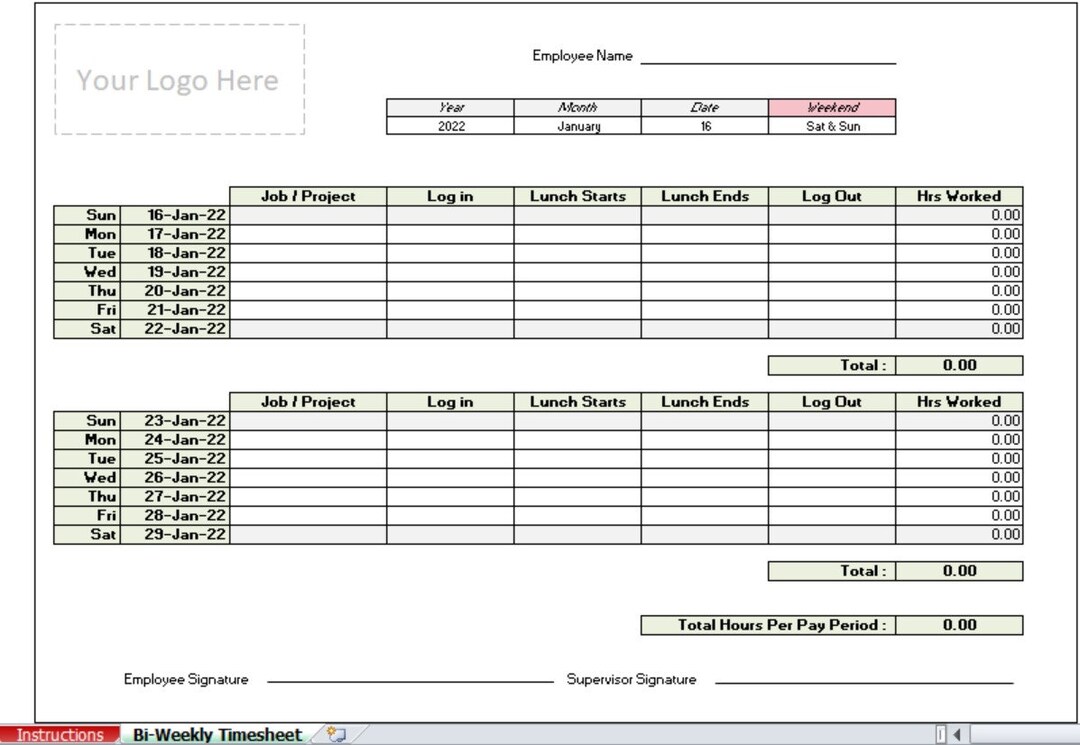 Bi weekly Employee Timesheet Template Excel With Training Etsy UK