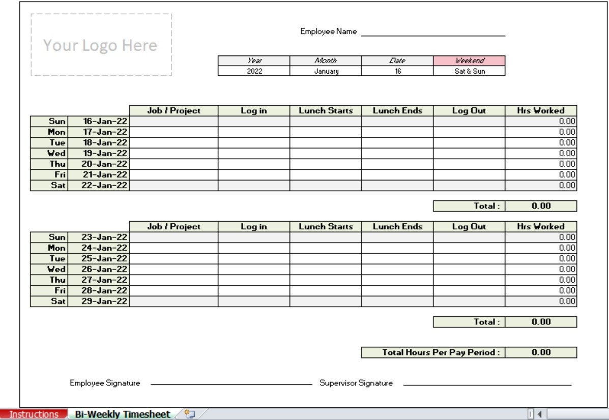 Free Bi Weekly Timesheet Template Quickbooks Canada Biweekly Time 