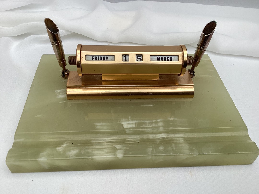 Large Mid Century Onyx Brass Table/desk Perpetual Calendar With Pen ...