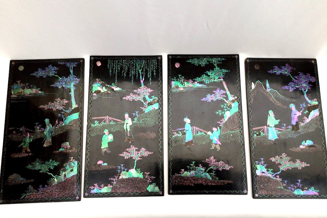 Antique Chinese Inlaid Mother of Pearl Black Lacquer 4 Panels - Etsy