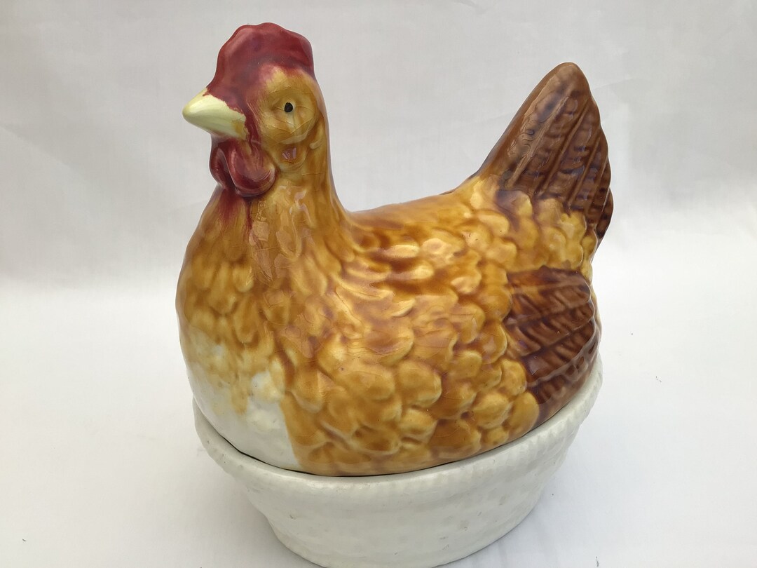 Rare Hen Egg Basket, Kitchen Storage Box, Crackle Glaze Porcelain Hen ...