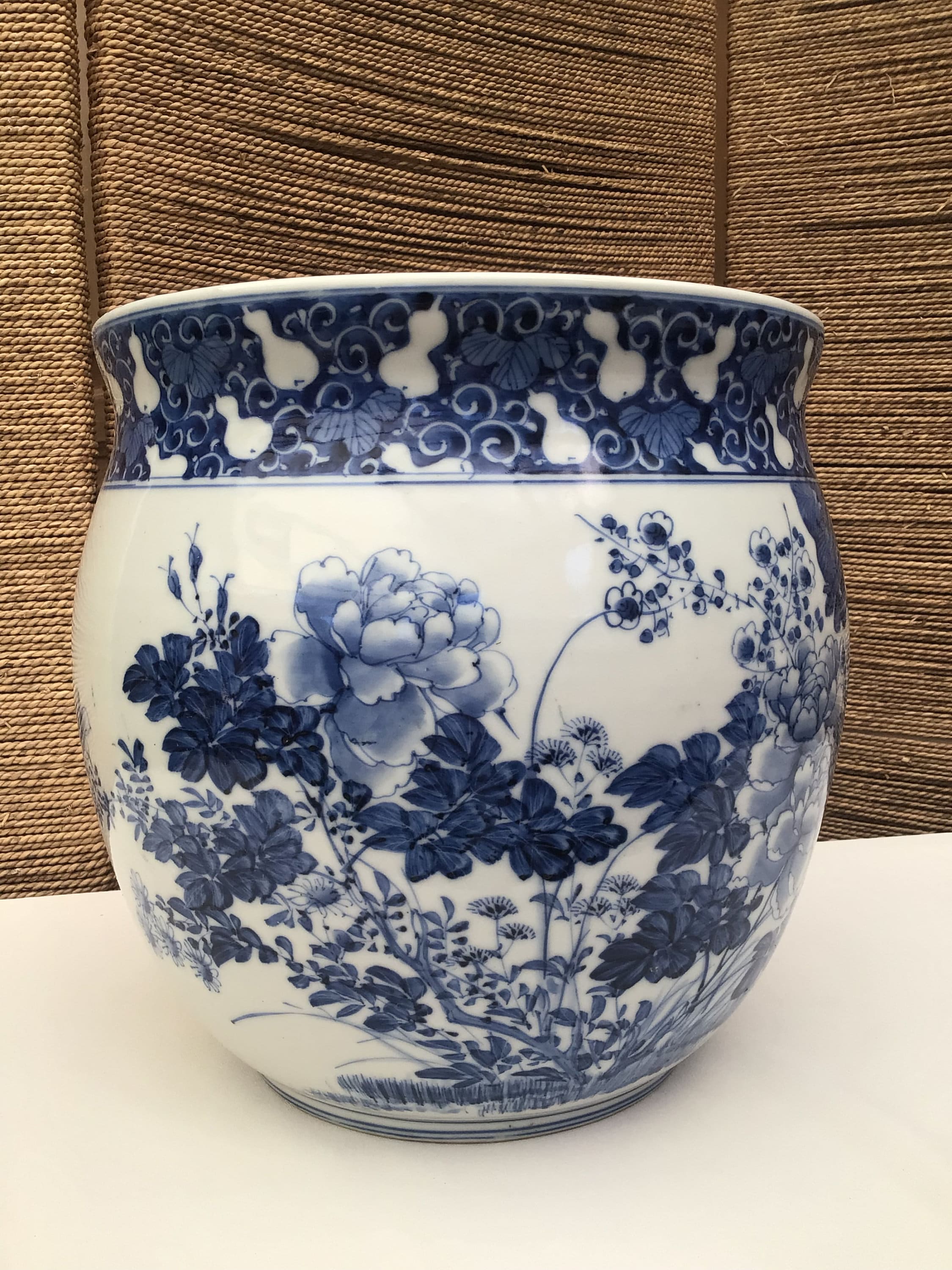 Antique Japanese Jardiniere, Oriental Blue & White Porcelain Plant Pot ...