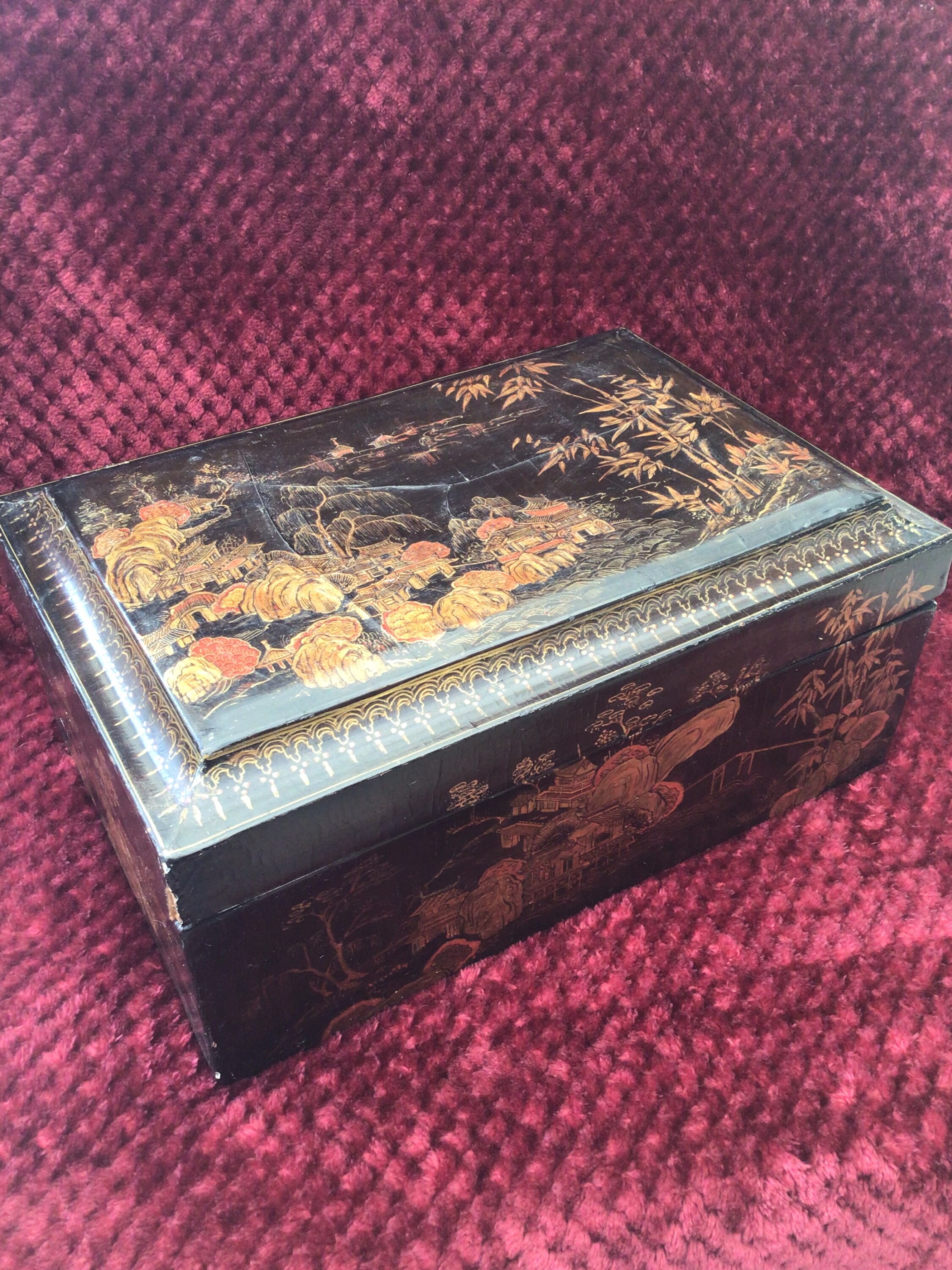 Antique Chinese Black Lacquer Box: Hand-painted Gilt Landscape - Etsy