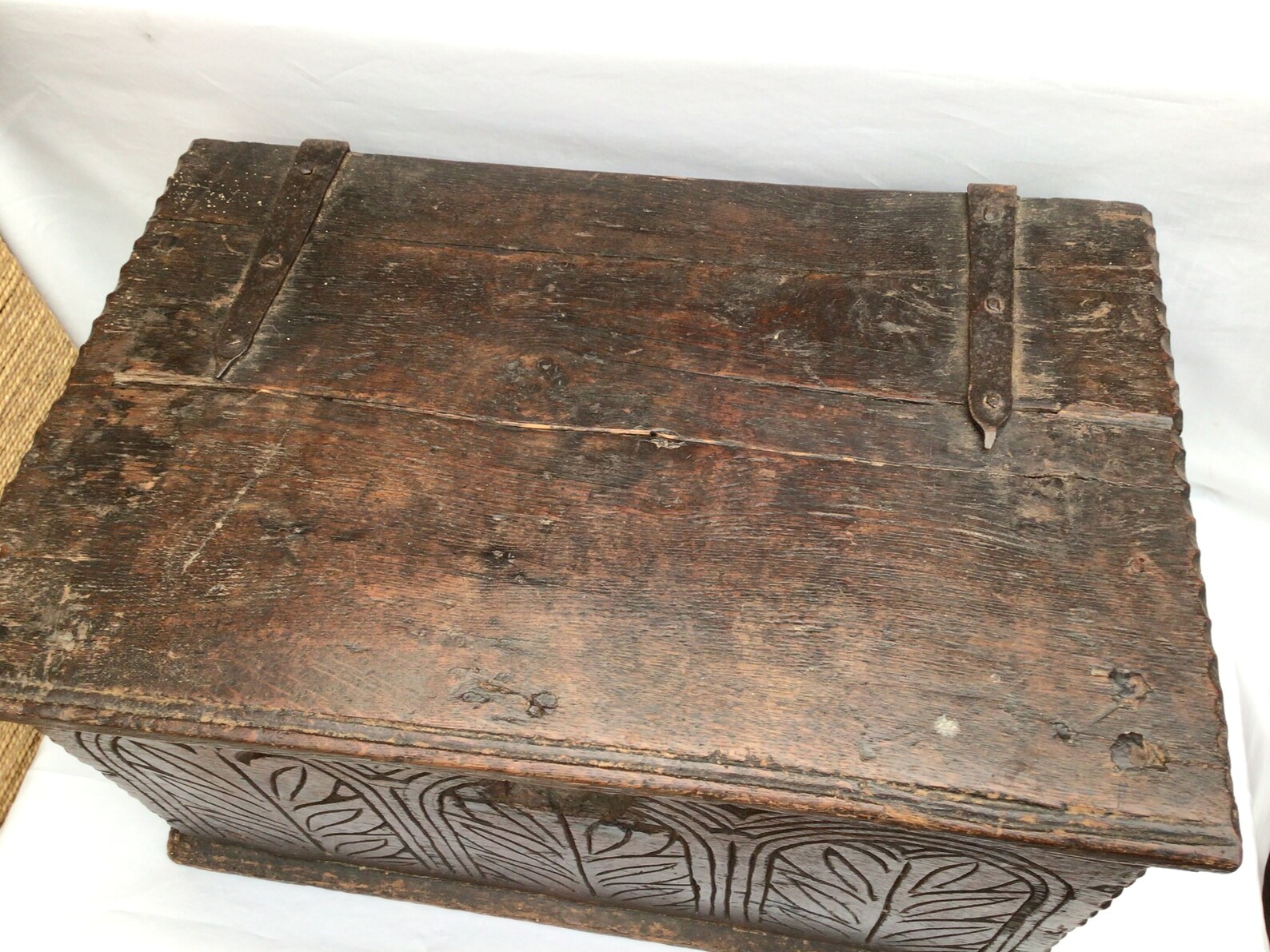 Antique Carved Oak Trunk: 17th/18th Century English Storage Box (W ...