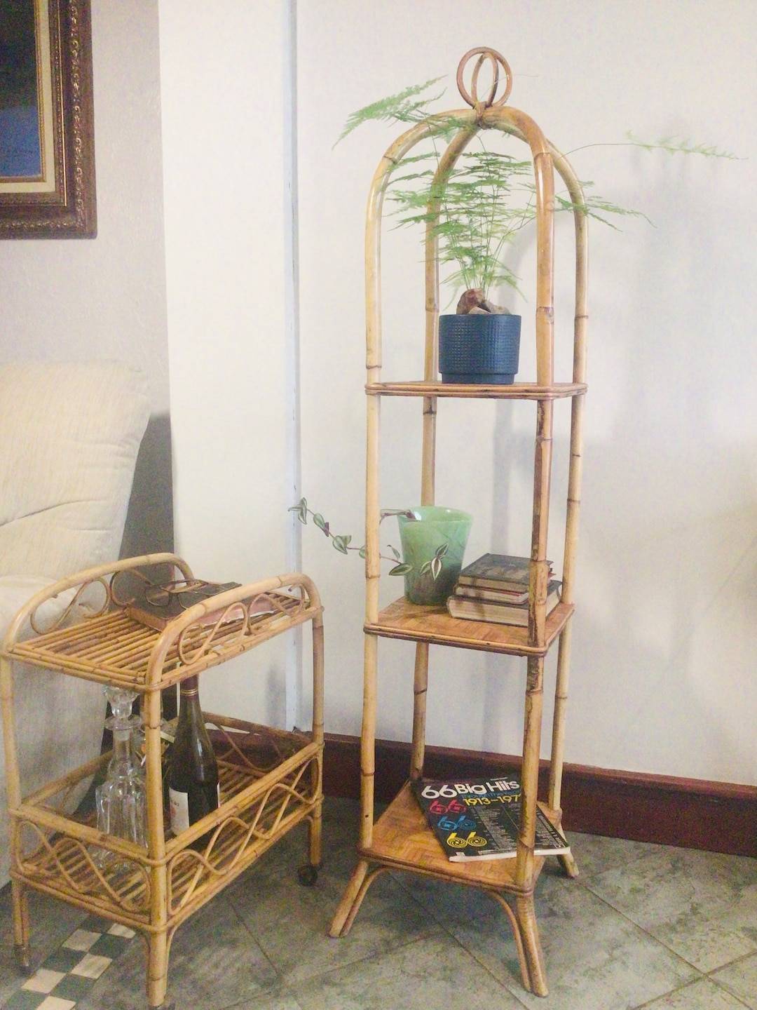 Bamboo Plant Stand Storage Shelf Unit, Vintage Three Tier Bamboo Cane ...