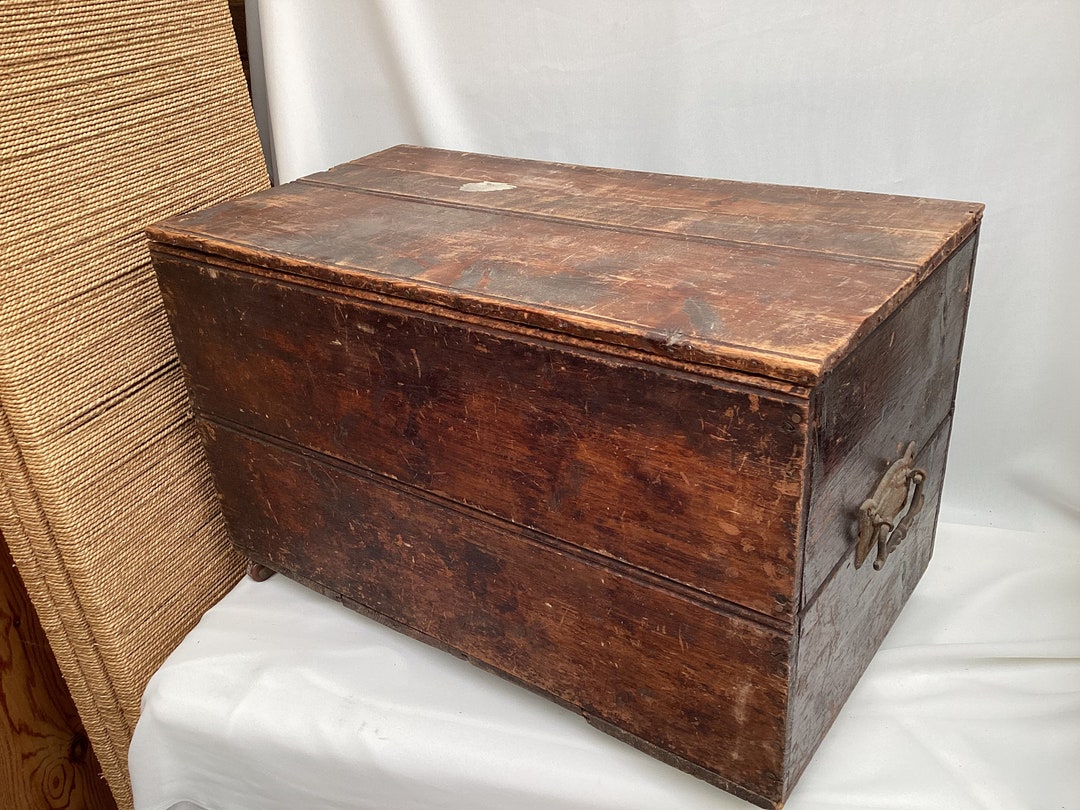 Antique Vintage Rustic Pine Small Trunk Coffee Table on Wheels, Storage ...