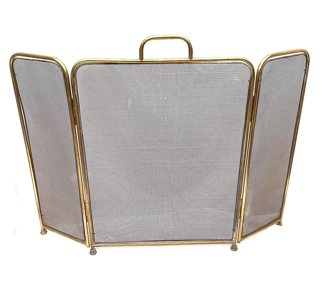 Antique Victorian Brass Netting Foldable Three Panels Fireplace Screen ...
