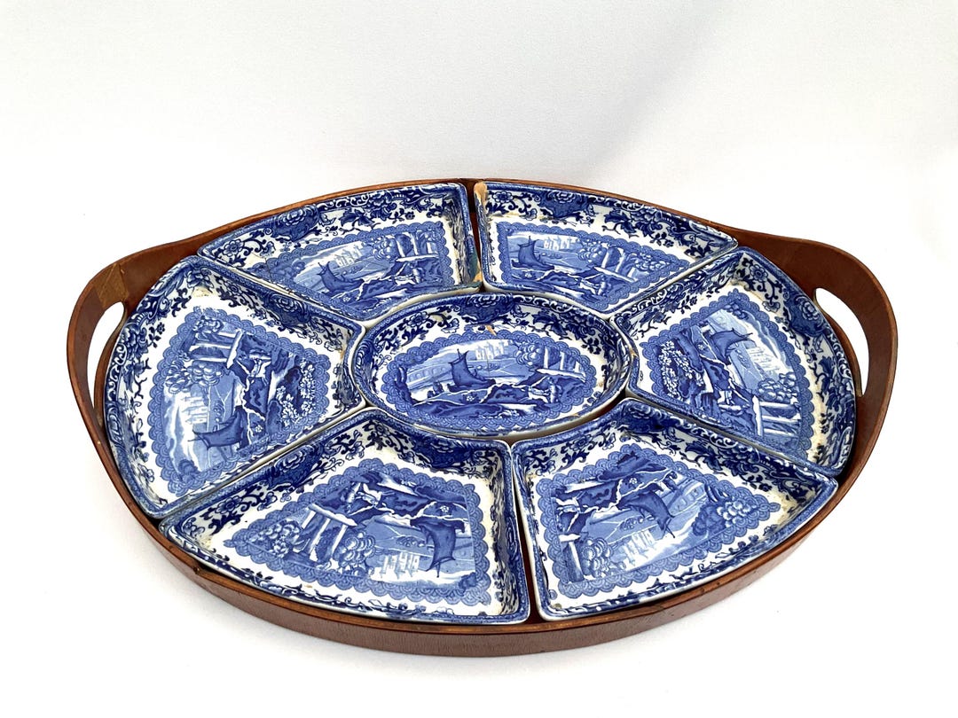 Antique Booths Old Blue Danube Hors D'oeuvres Dish With Wooden Tray ...